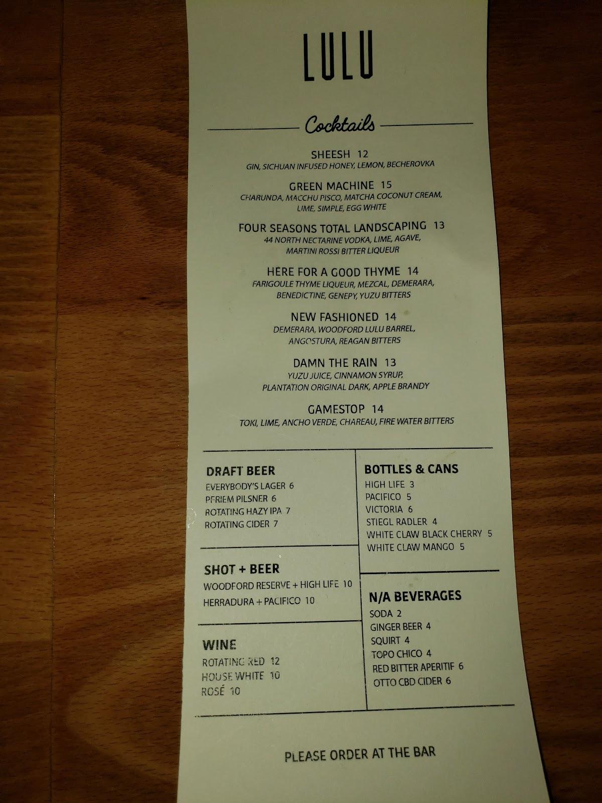 Menu at LULU pub & bar, Portland