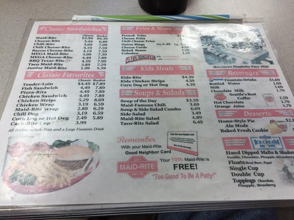 Menu at Maid-Rite restaurant, Dubuque