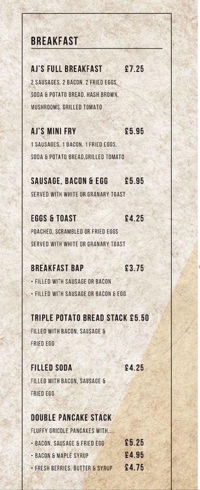 Menu at AJ's Diner restaurant, Crossgar