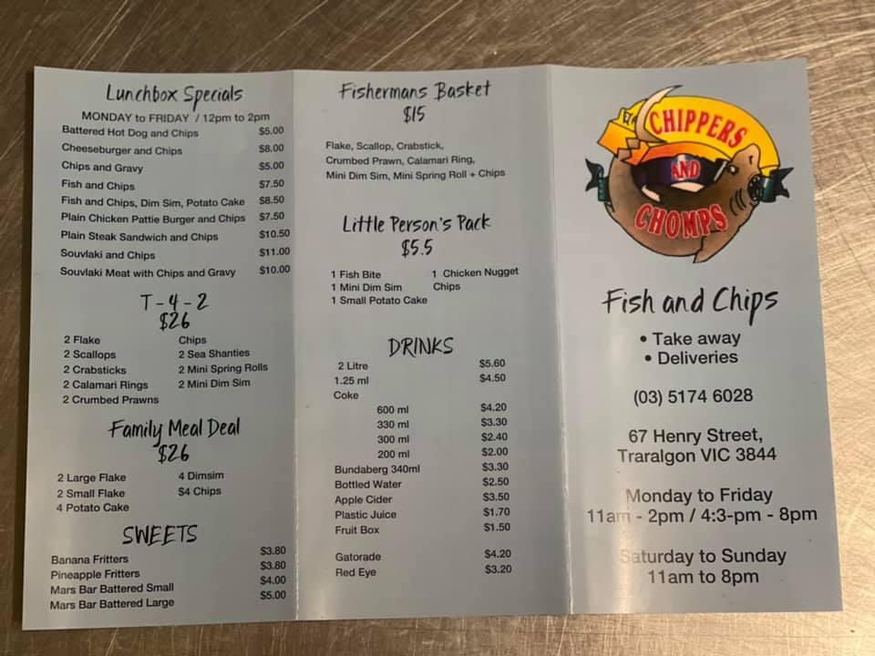 Menu at Chippers & Chomps fast food, Traralgon