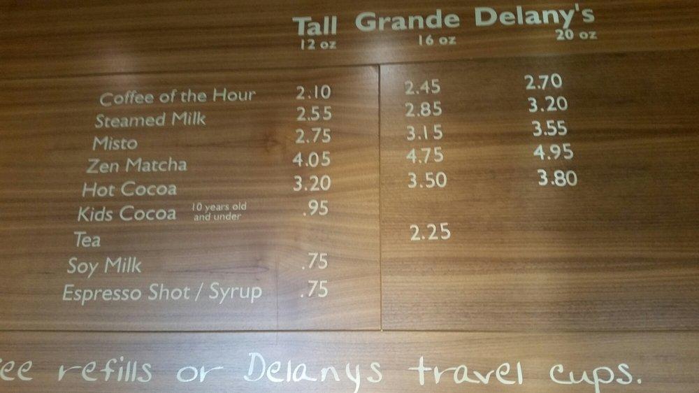 Menu at Delany's Coffee House, North Vancouver, 1277 Lynn Valley Rd #169