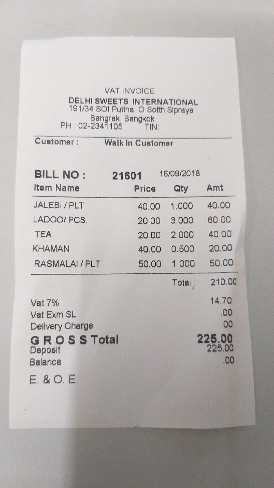 Menu at Delhi Sweet's restaurant, Bangkok