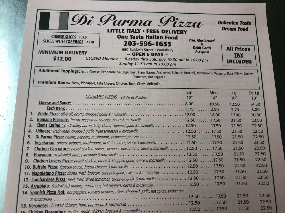 Menu at DiParma Pizza pizzeria, Waterbury