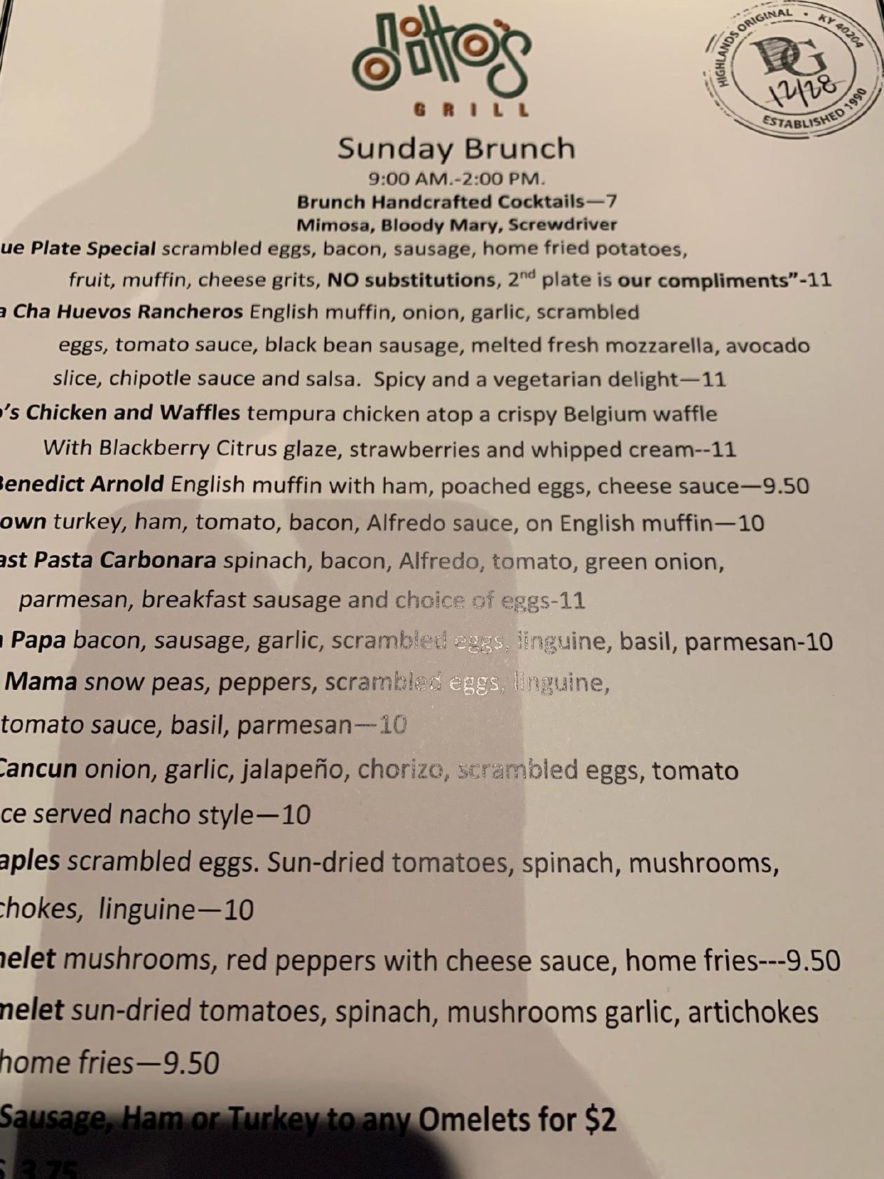 Menu at Ditto's Grill pub & bar, Louisville