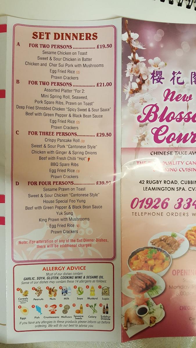 Menu at New Blossom Court fast food, Royal Leamington Spa, 42 Rugby Rd