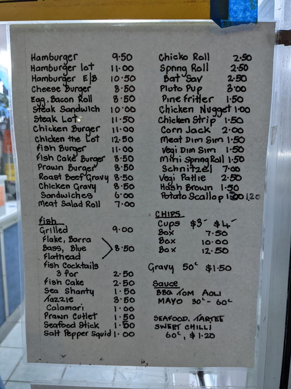 Menu at Swans Take Away fast food, Moruya
