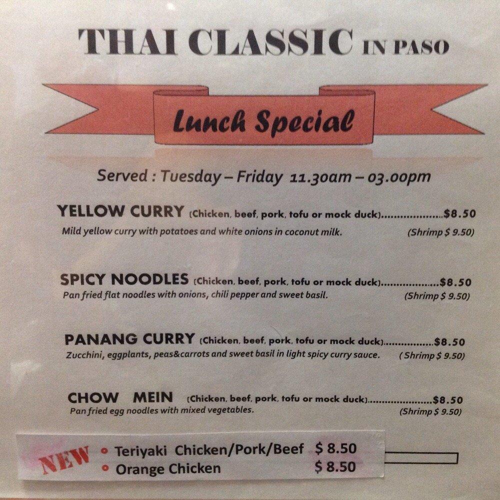 Menu at Thai Classic in Paso restaurant, Paso Robles