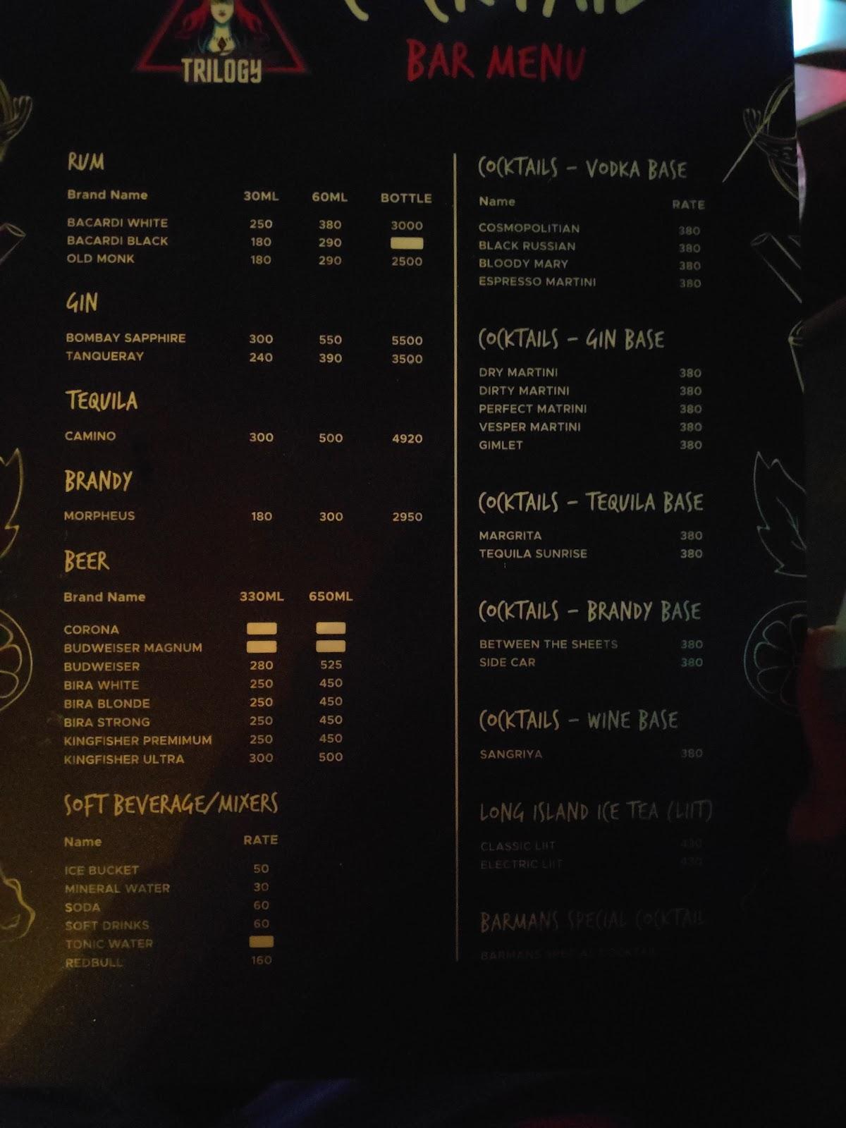 Menu at Trilogy Club & Bar, Bhopal
