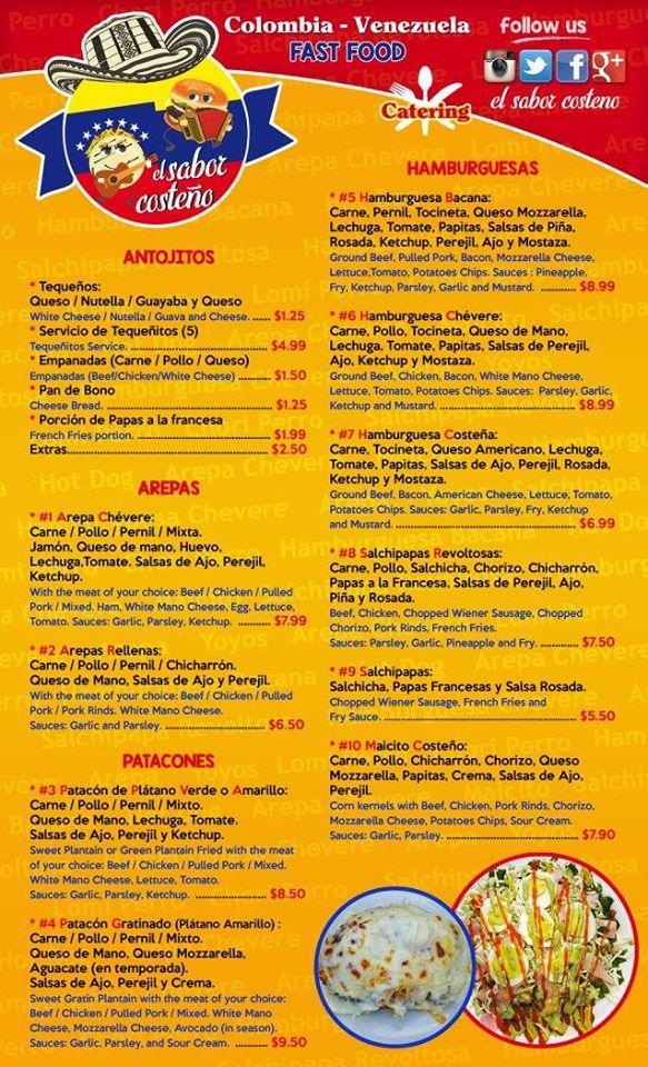 Menu at El Sabor Costeño restaurant, Miami