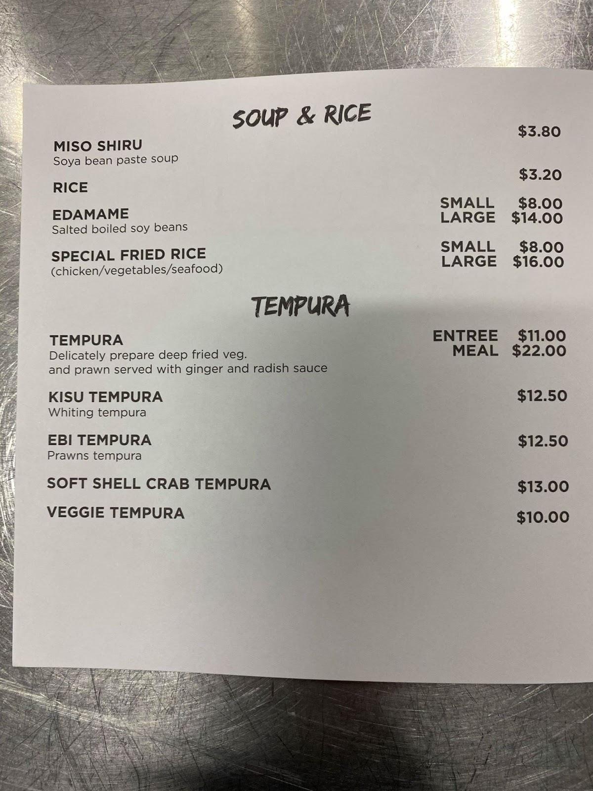 Menu at Japan Inn restaurant, Beaumaris