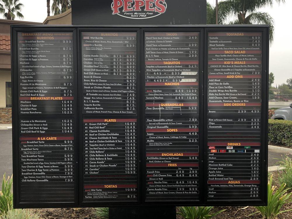 Menu at Pepe's Finest Mexican Food restaurant, La Habra