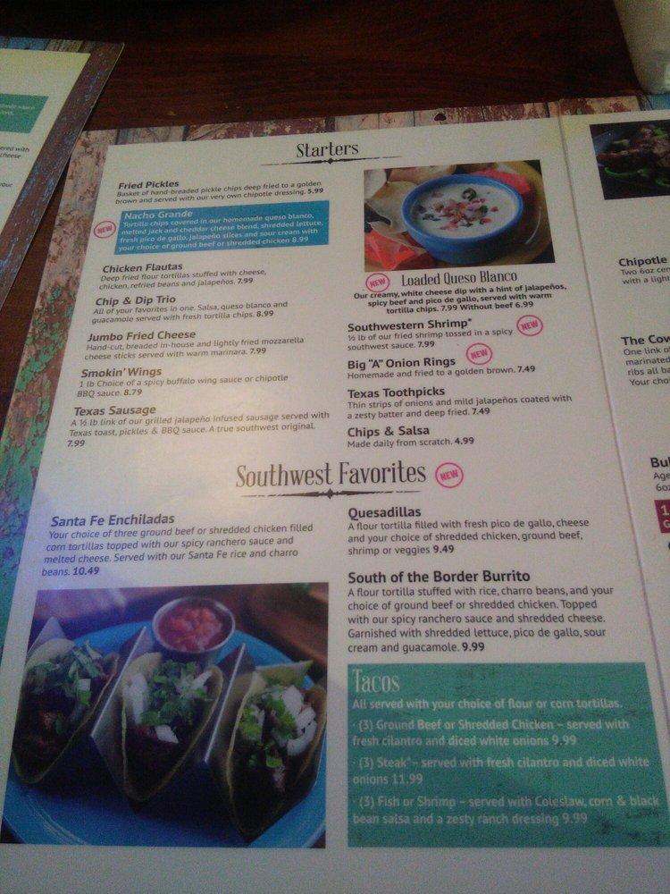 Menu at Santa Fe Cattle Company steakhouse, Albertville, US-431