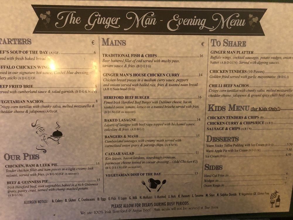 Menu at The Ginger Man pub & bar, Dublin