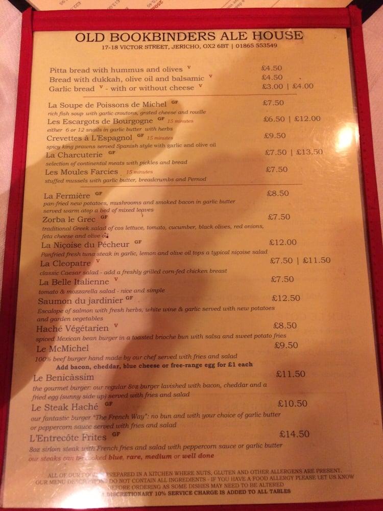 Menu at The Old Bookbinders Ale House pub & bar, Oxford