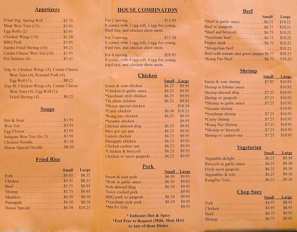 Menu at Bill's Garden Chinese Gourmet restaurant, Minneapolis