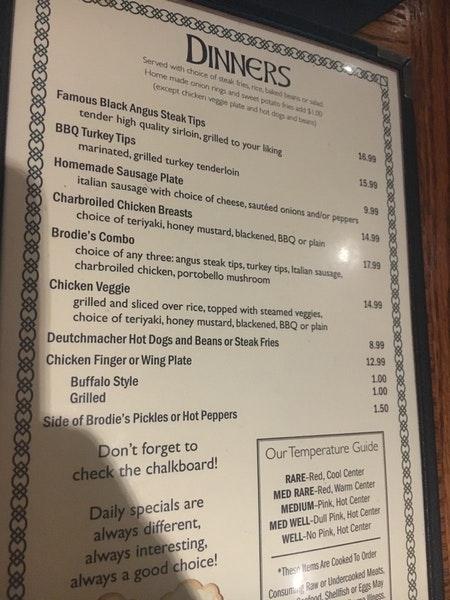 Menu at Brodie's Pub, Peabody
