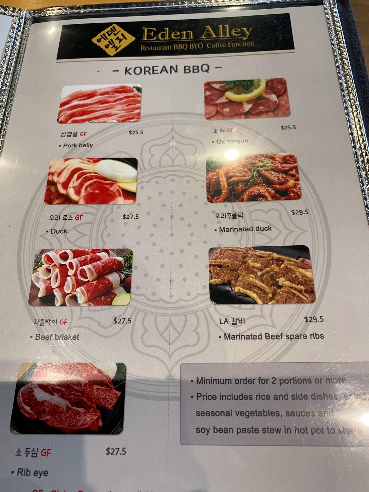 Menu at Eden Alley Korean Restaurant and Karaoke, Christchurch