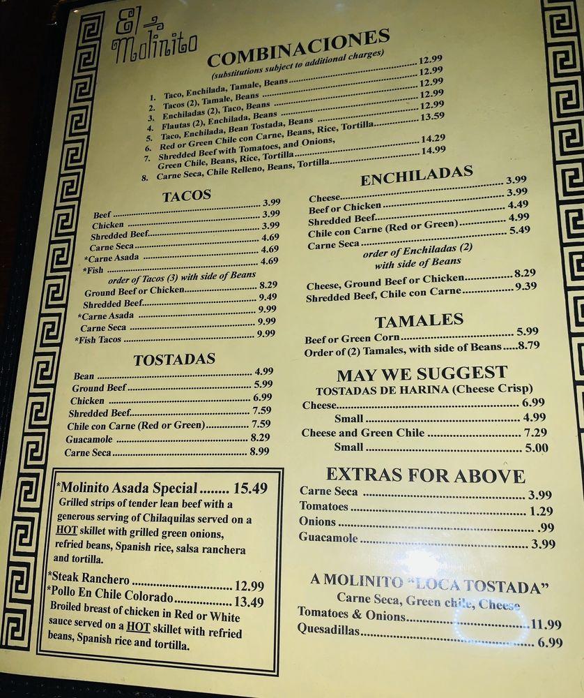 Menu at El Molinito restaurant, Tucson, 3675 W Ina Rd