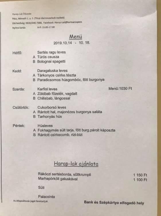 Menu at Harap-Lak Étkezde restaurant, Pécs