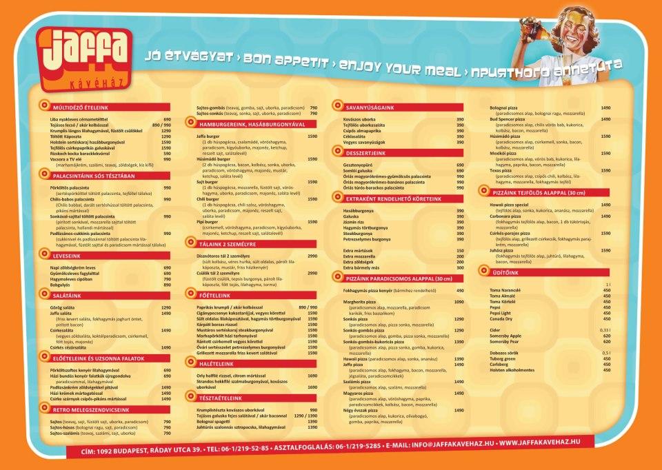 Menu at Jaffa Kávéház pub & bar, Budapest