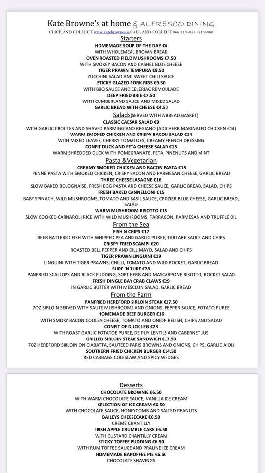 Menu at Kate Browne's Restaurant & Bar, Ardfert