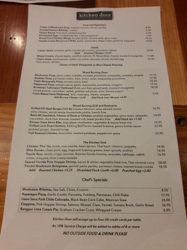 Menu at Kitchen Door pub & bar, Napa
