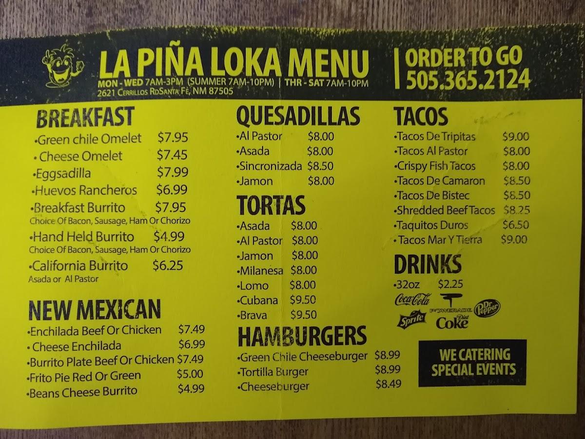 Menu at La Piña Loka restaurant, Santa Fe