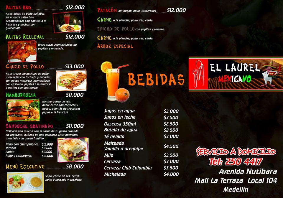 Menu at Laurel mexicano restaurant, Medellín