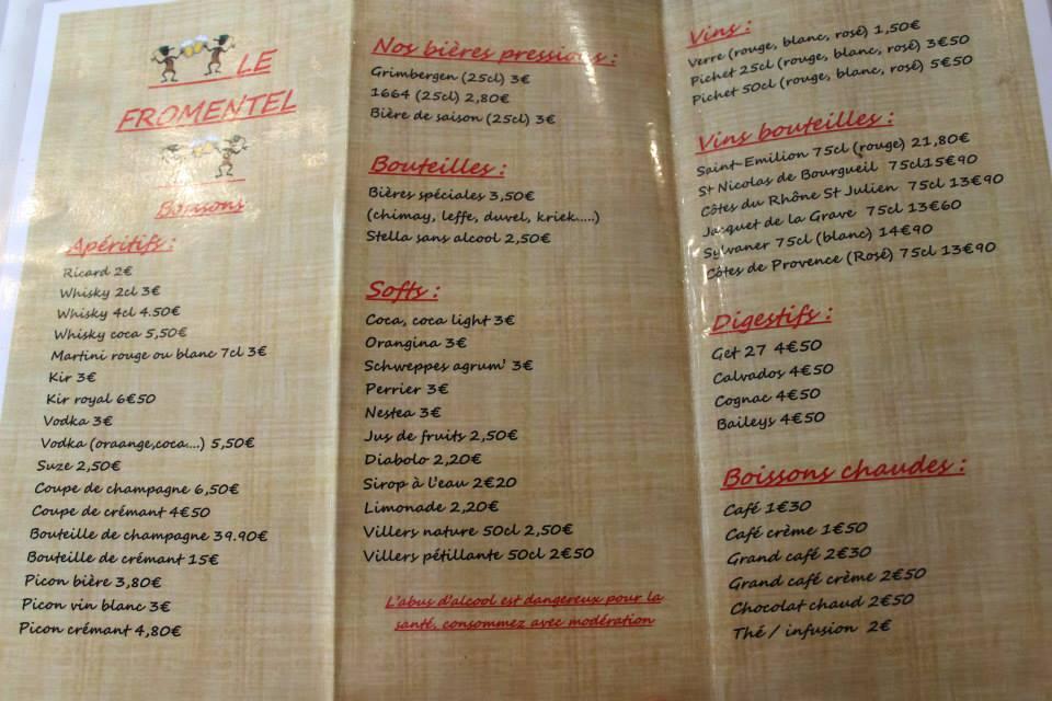 Menu at Le Fromentel restaurant, Gommegnies