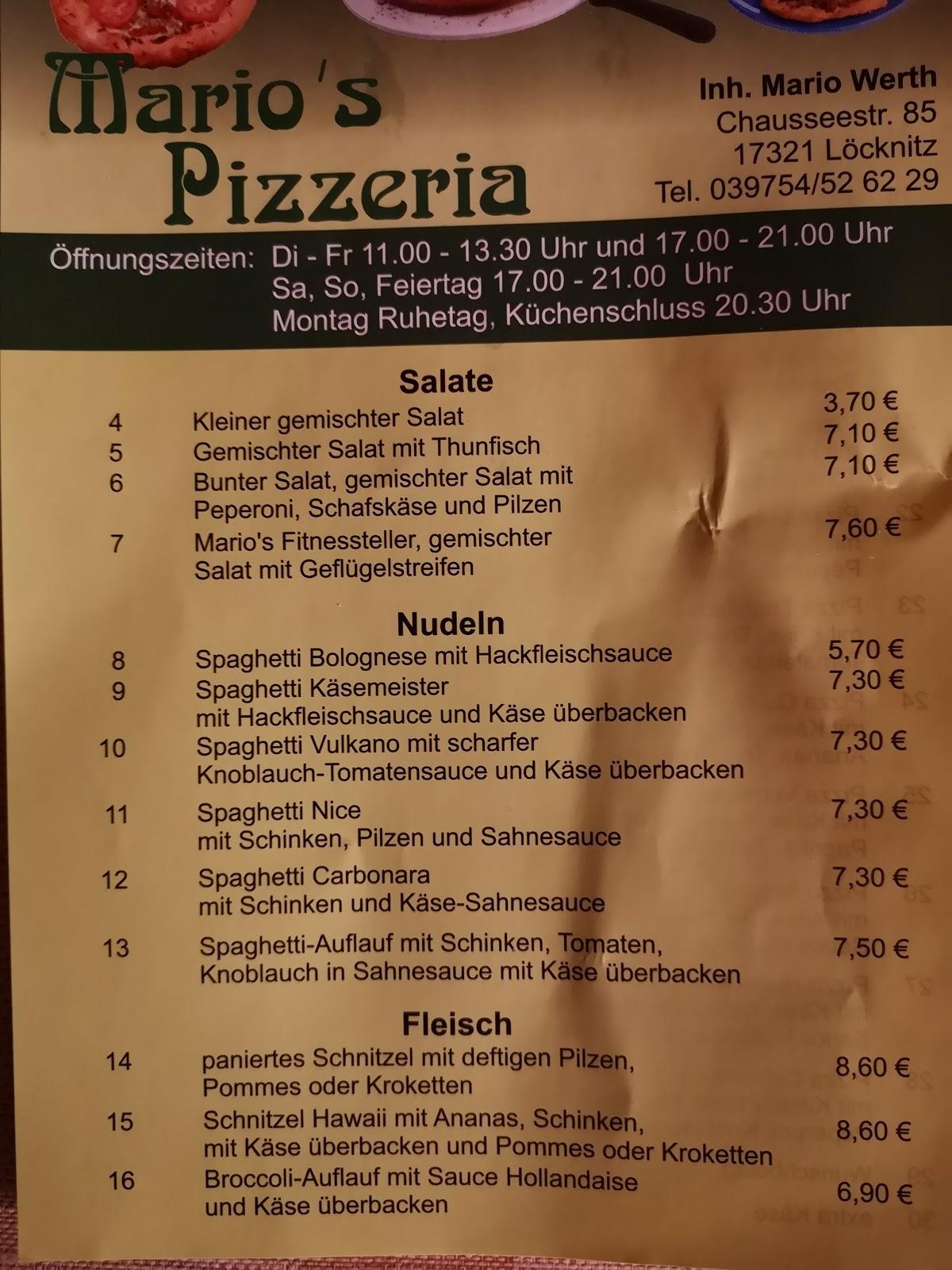 Speisekarte von Mario`s Pizzeria, Löcknitz