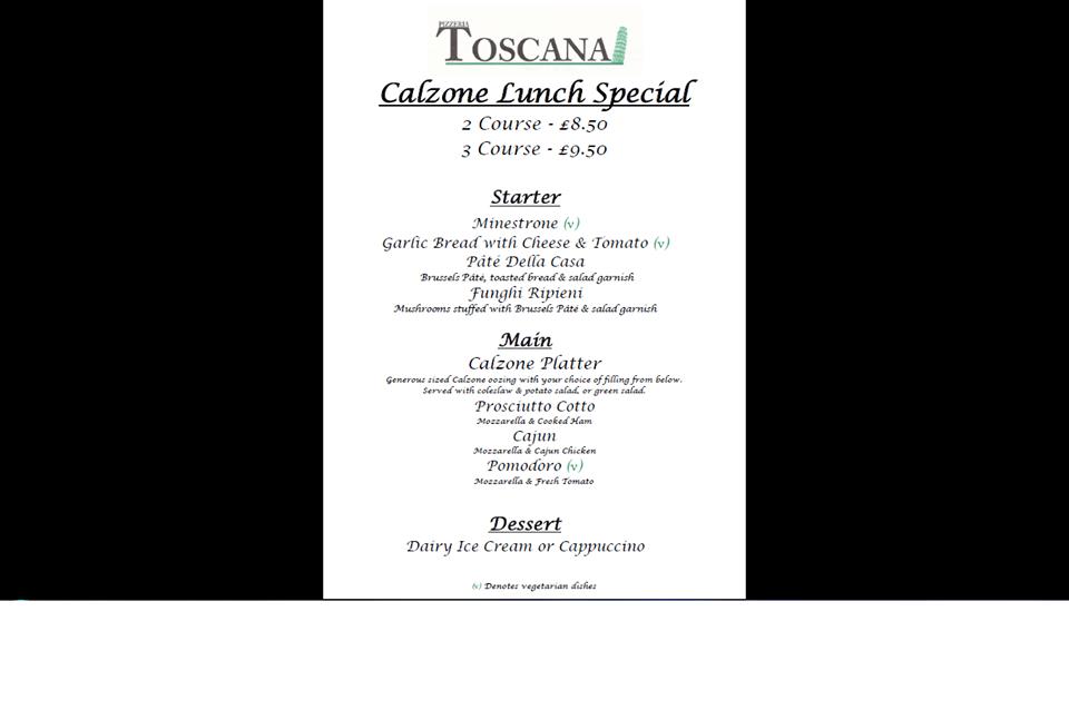 Menu at Pizzeria Toscana, Elgin
