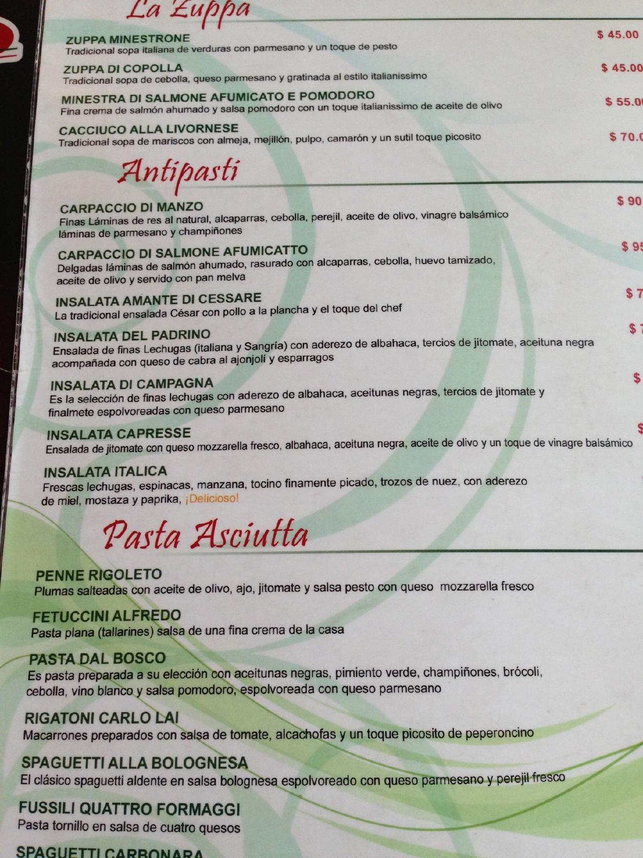 Carta del restaurante Rigatoni Italianissimo Satélite, Naucalpan del Juárez