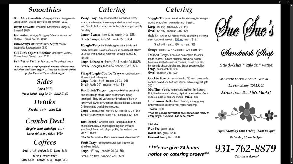 Menu at Sue Sue's Sandwich Shop restaurant, Lawrenceburg