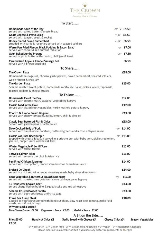 Menu at The Crown Inn pub & bar, Dickleburgh