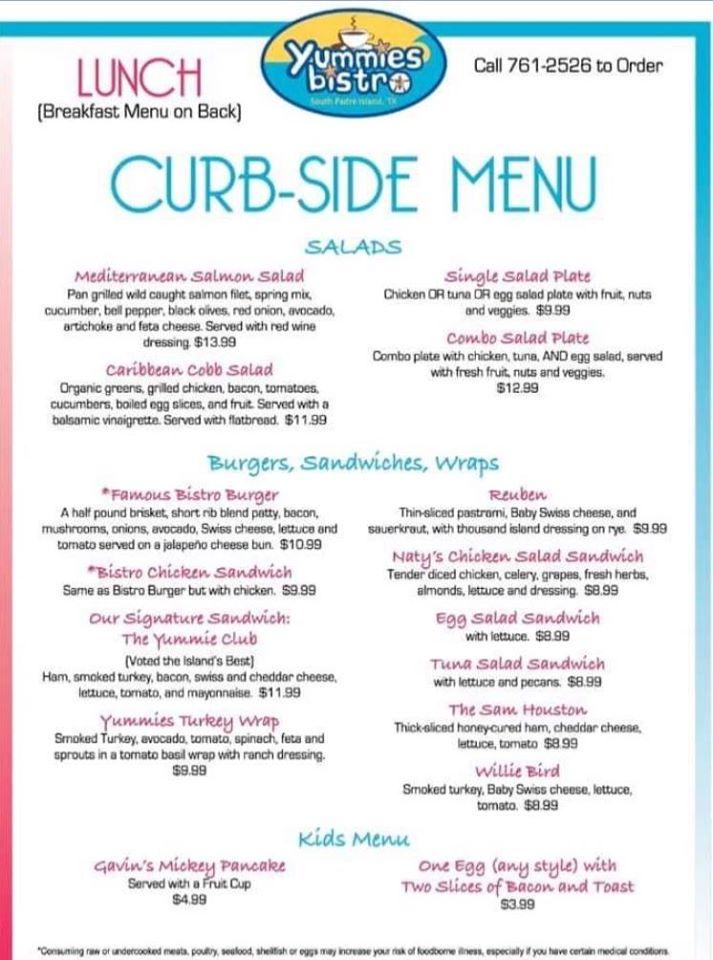 Menu at Yummies Bistro cafe, South Padre Island