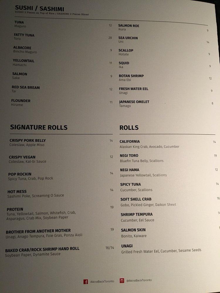 Menu at Akira Back restaurant, Toronto