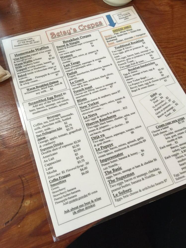 Menu at Betsy's Crepes restaurant, Southern Pines