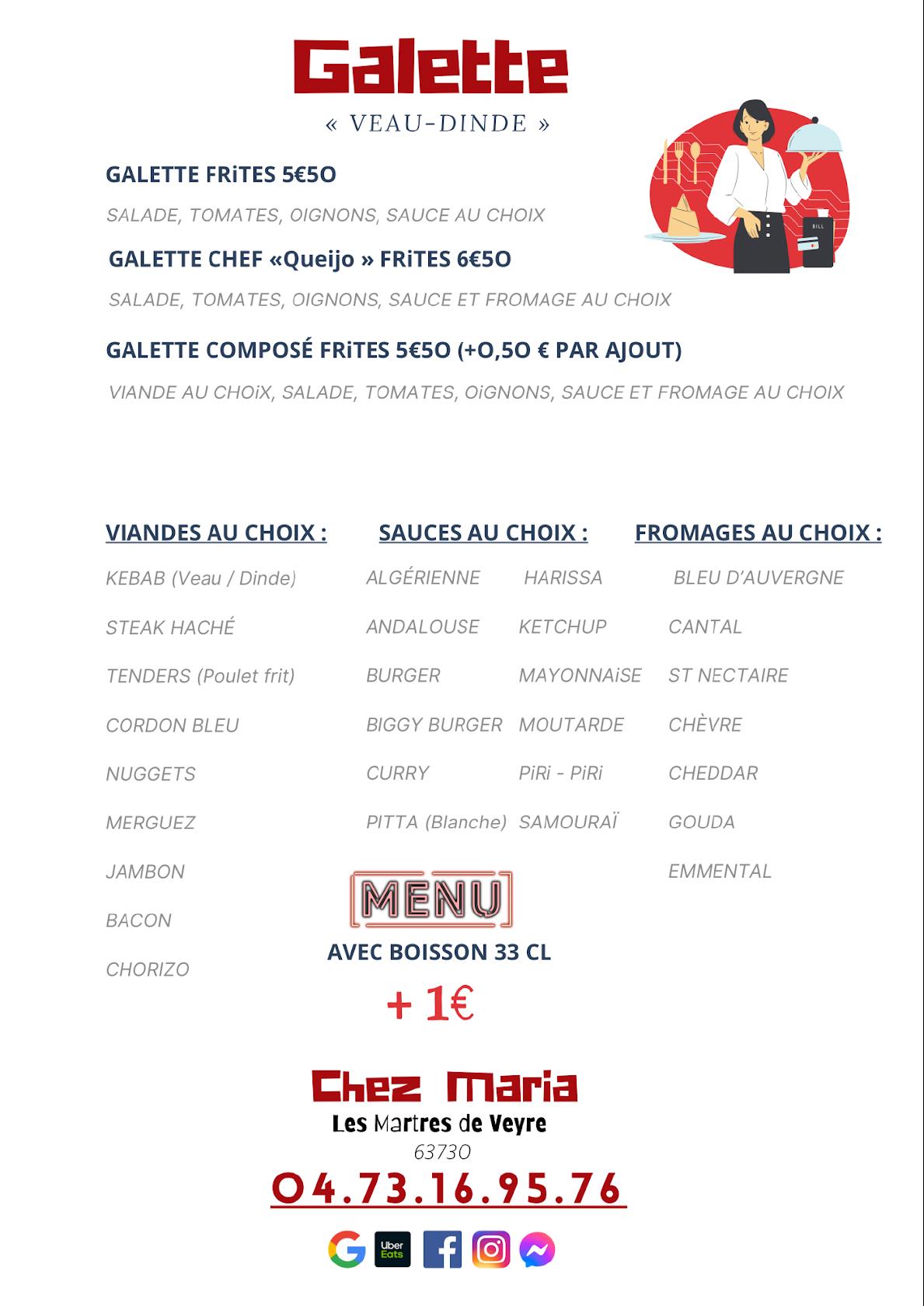 Carta del restaurante CHEZ MARIA 63, Les Martres-de-Veyre