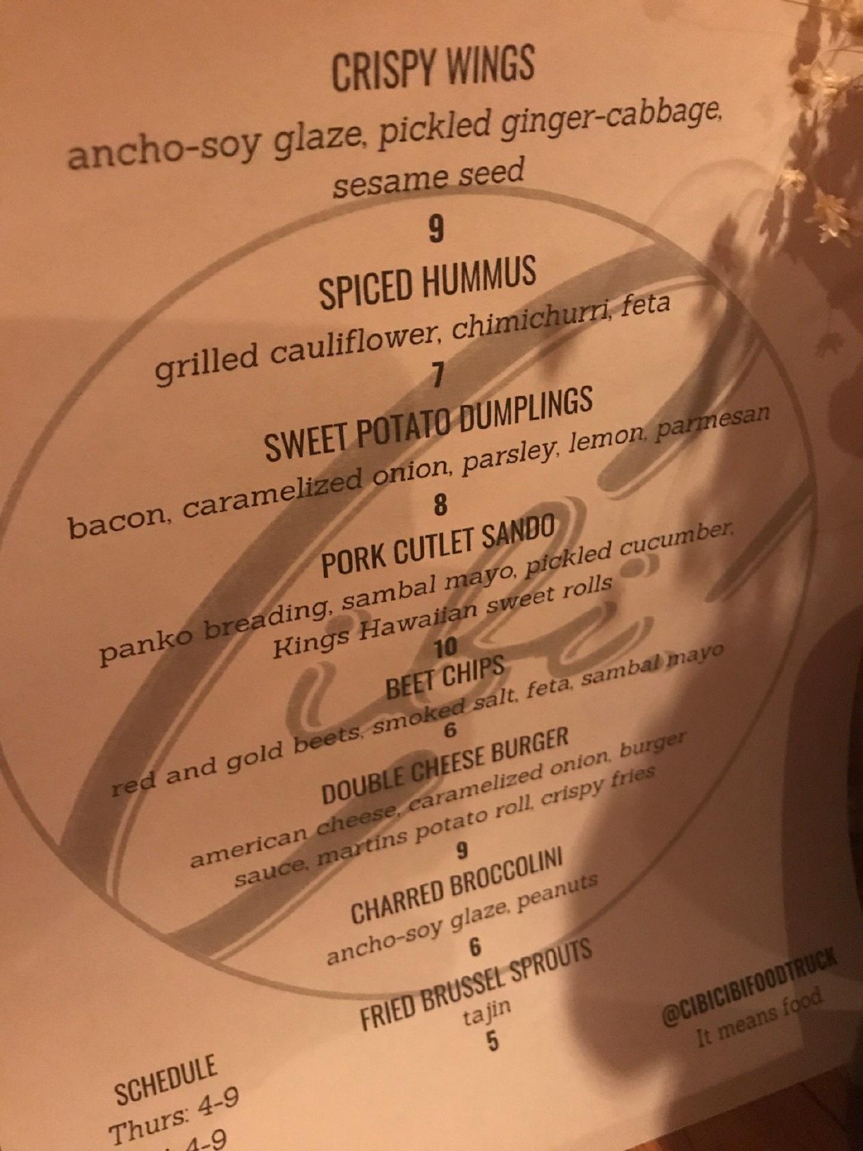 Menu at Cibi Cibi restaurant, Rock Hill