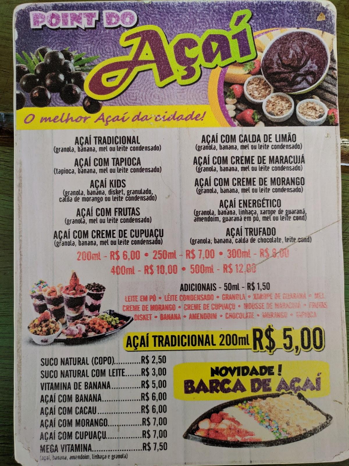 Menu at Point do Açaí pub & bar, Brazil, Av. Joel Vasconcelos