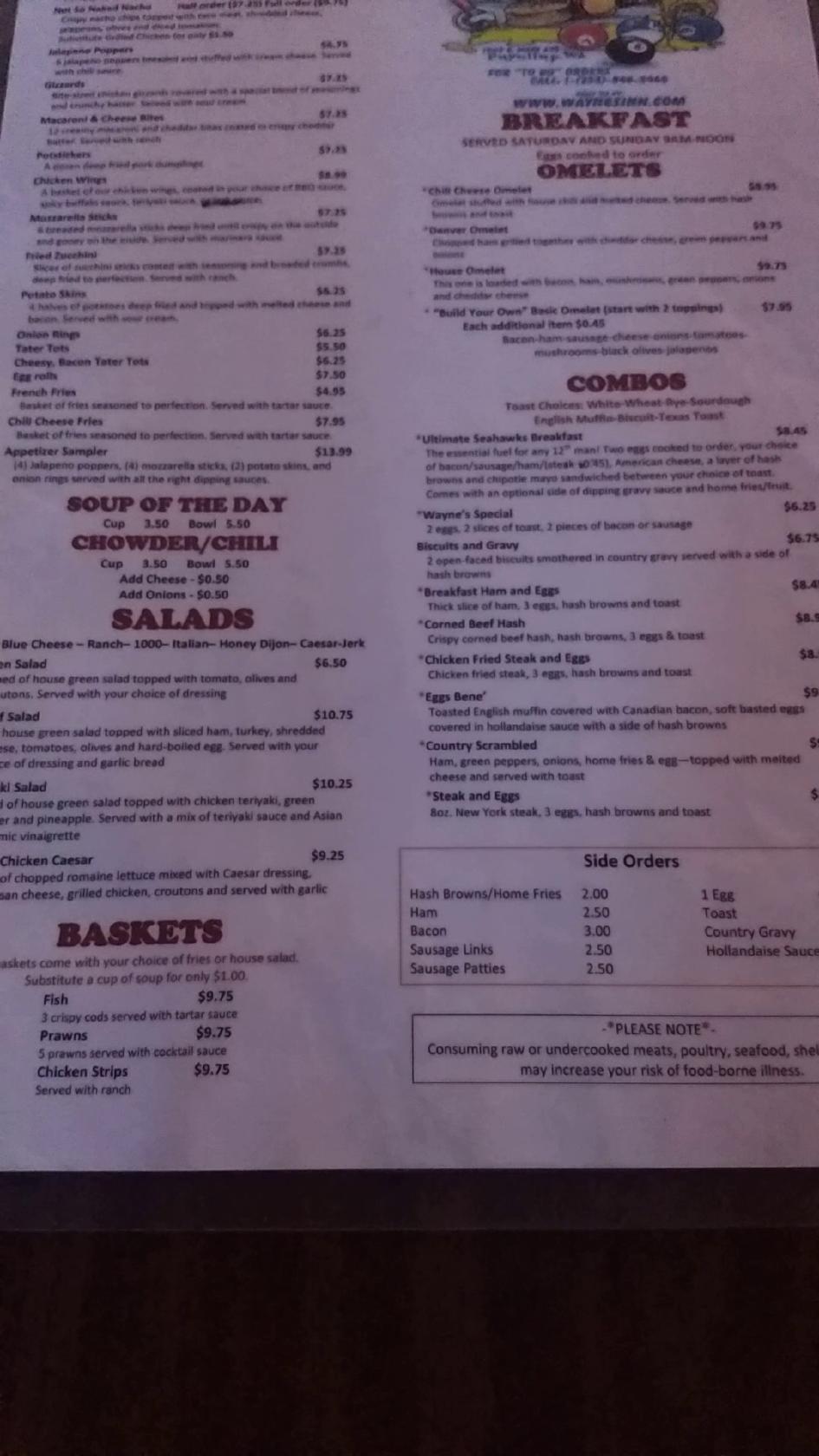 Menu at Wayne's Inn Bar & Grill, Puyallup