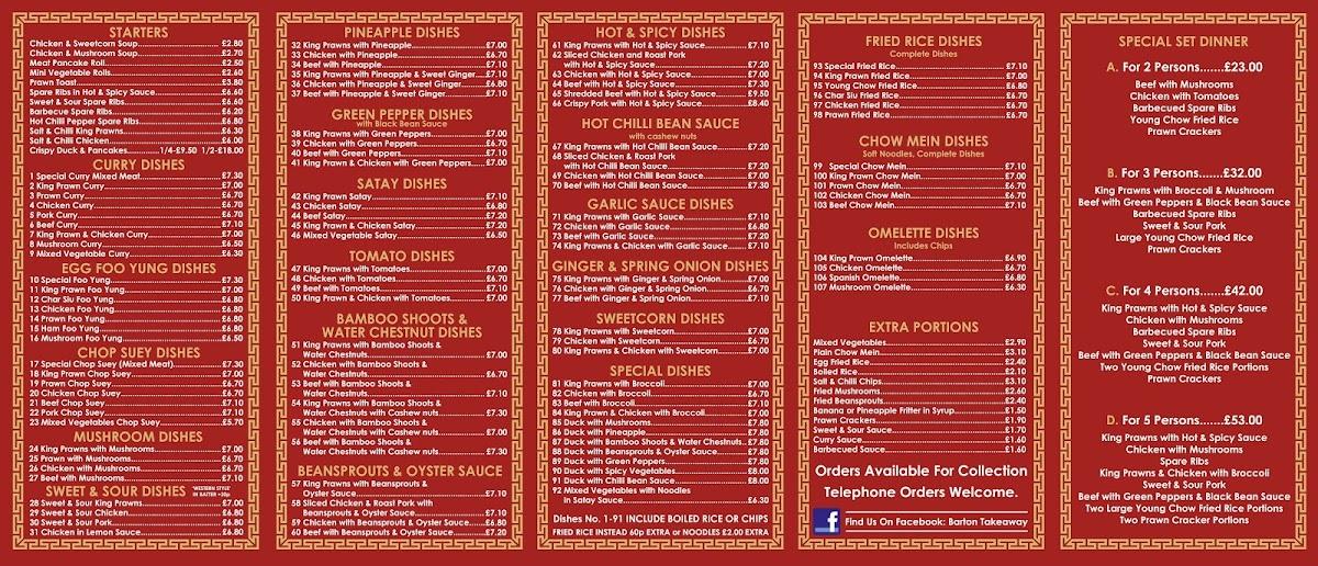 Carta de Barton Takeaway Preston Fish and Chips & Chinese Food, Preston