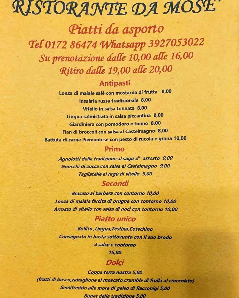Menu at Da Mosé restaurant, Racconigi