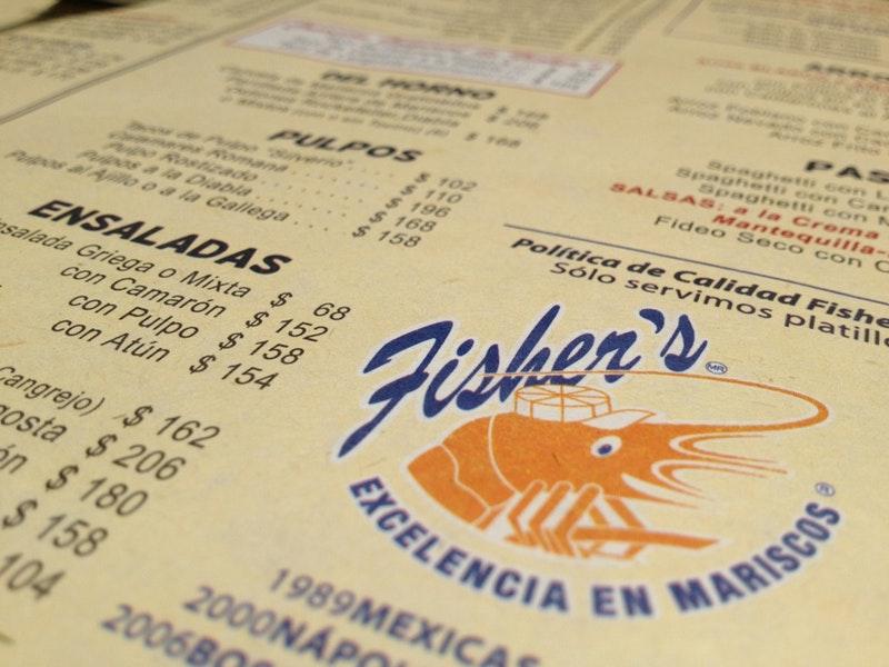 Menu at Fisher's restaurant, Tlalnepantla de Baz, Calz. de los Jinetes 1