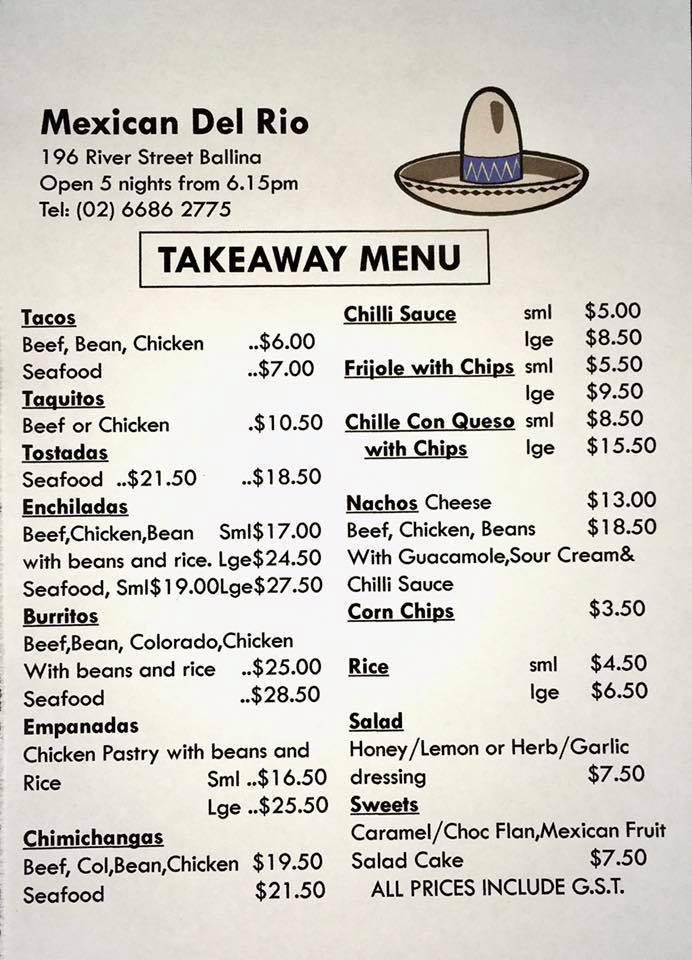 Menu at Mexican Del Rio restaurant, Ballina