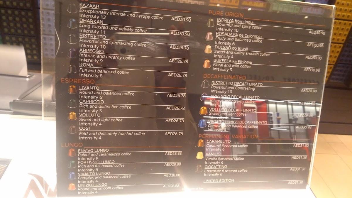 Menu at Nespresso - Mirdif City Center cafe, Dubai