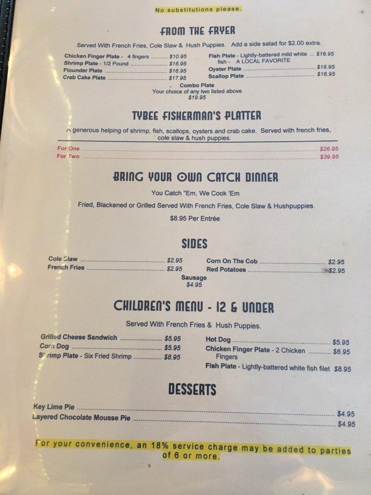 Menu at Sting Ray's Seafood pub & bar, Tybee Island