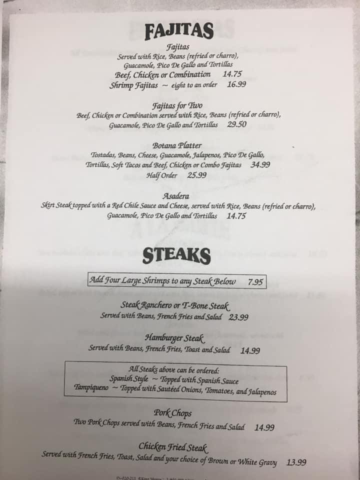 Menu at Tampico Spanish Inn restaurant, Midland