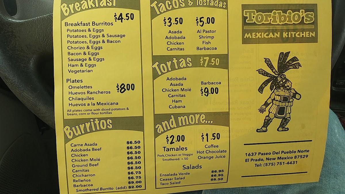 Menu at Toribios restaurant, Taos, Paseo Del Pueblo Norte