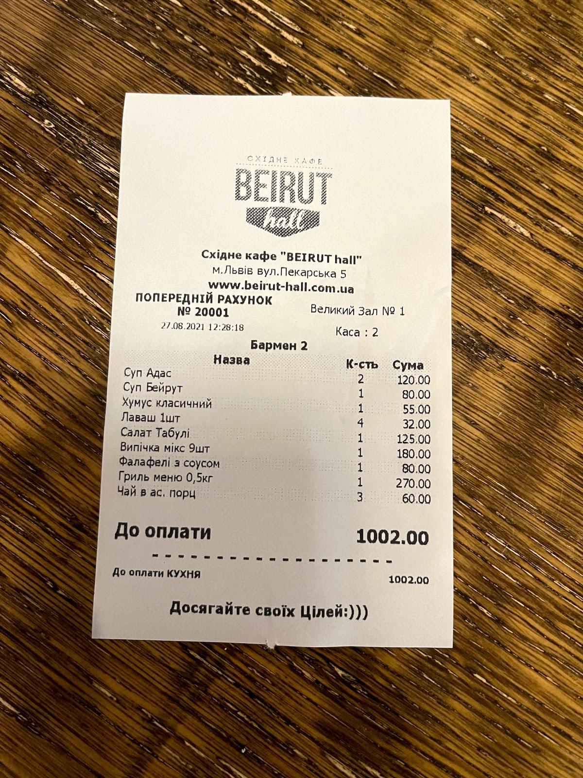 Menu at Beirut Hall restaurant, Lviv, Pekarska St